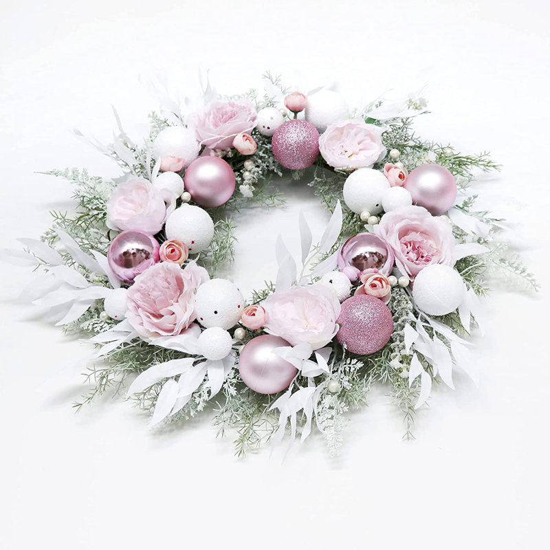 The Holiday Aisle® Ansuma 22" Artificial Rose Dream Pink Ball Wreath for Your Front Door ...